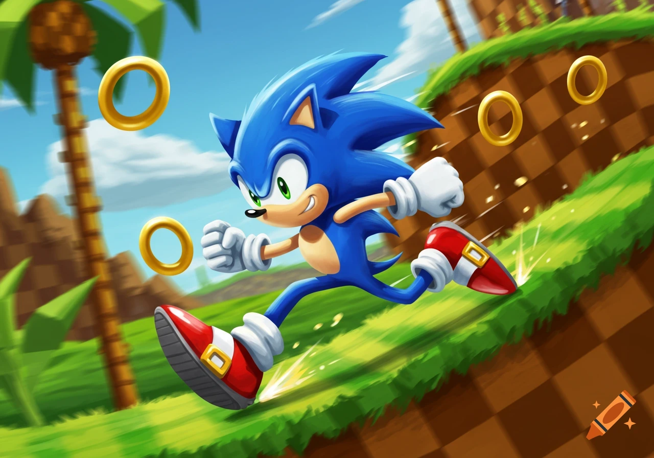 Sonic the Hedgehog running at super speed through the Green Hill Zone ...