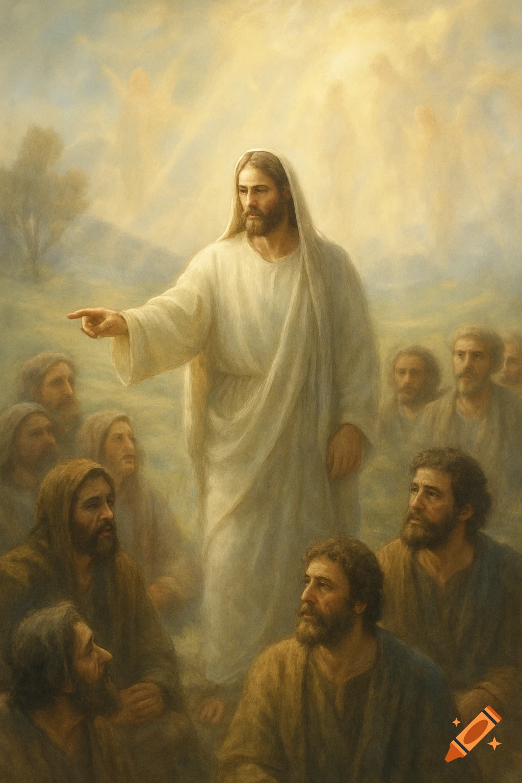 A man in a suit points and argues with Jesus, who stands calmly, in a ...