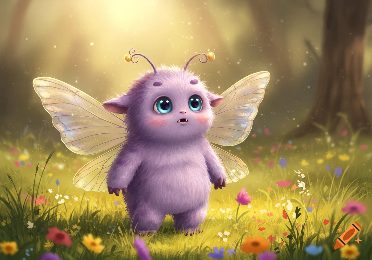 Smiling cartoon butterfly waving its hand while flying in a colorful field with flowers ...