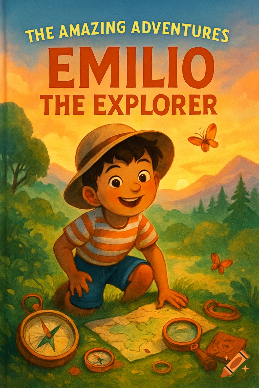 A cartoon book cover shows a smiling boy explorer with a map, compass ...