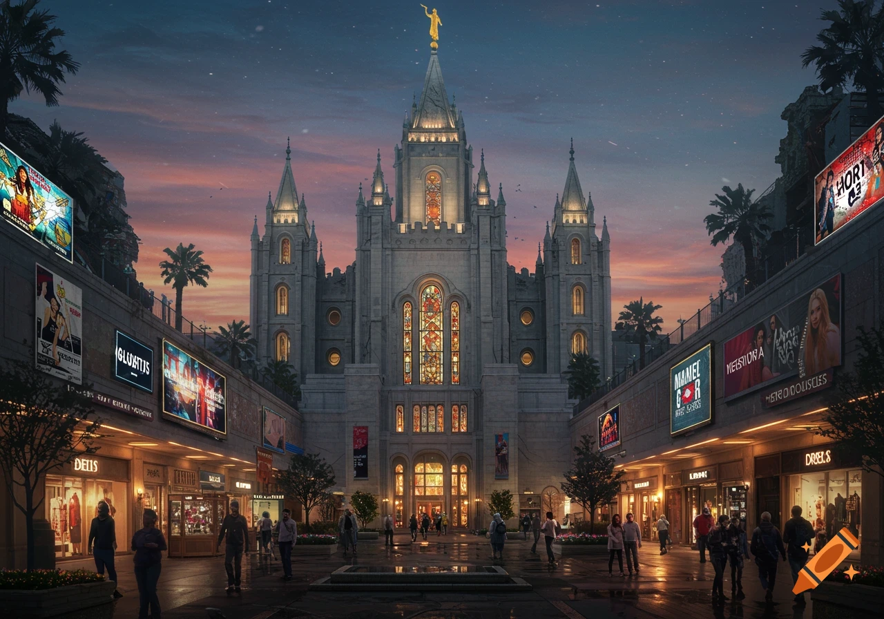 Two anime-style women walk down a sunny, palm tree-lined shopping ...