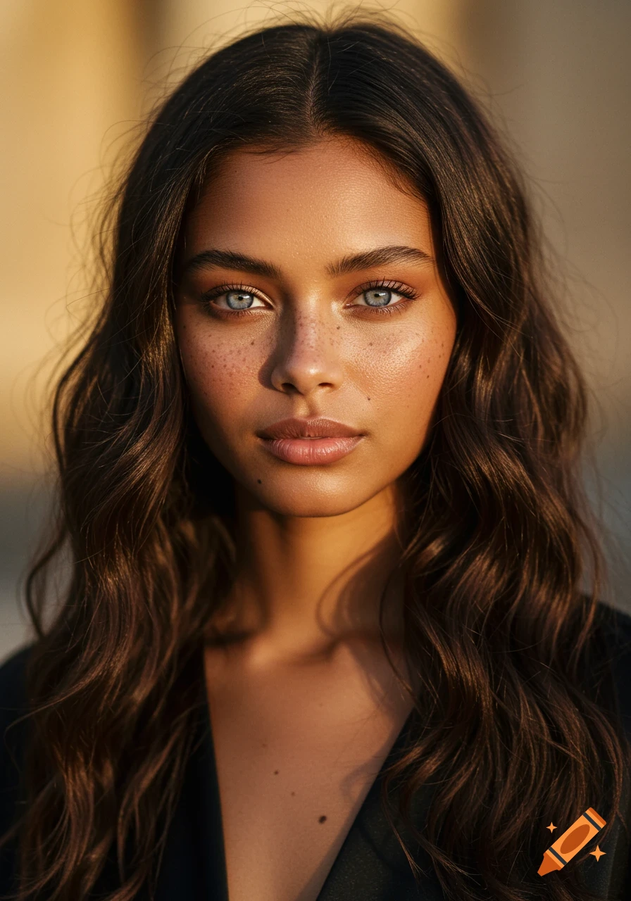 Photorealistic portrait of a young woman with dark brown wavy hair ...