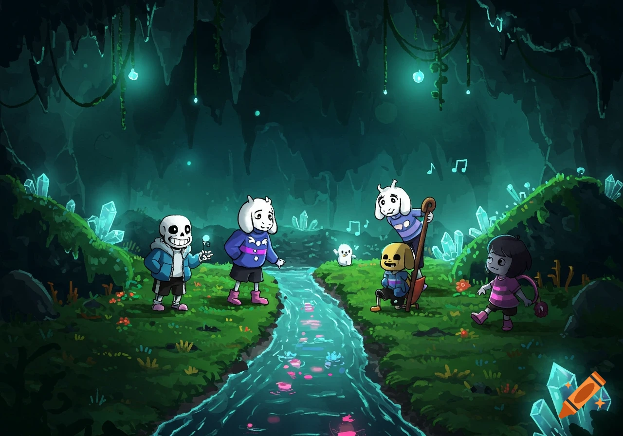 A pixel-art scene of Undertale characters Sans, Toriel, Frisk, and a ...