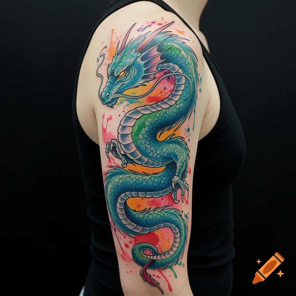 A vibrant green stylized dragon tattoo on a person's arm, surrounded by ...