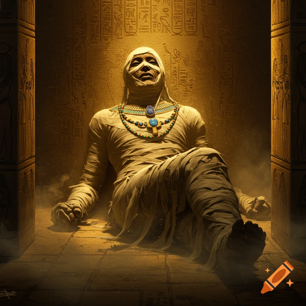 A mummified figure with an elaborate blue and gold necklace sits in a ...