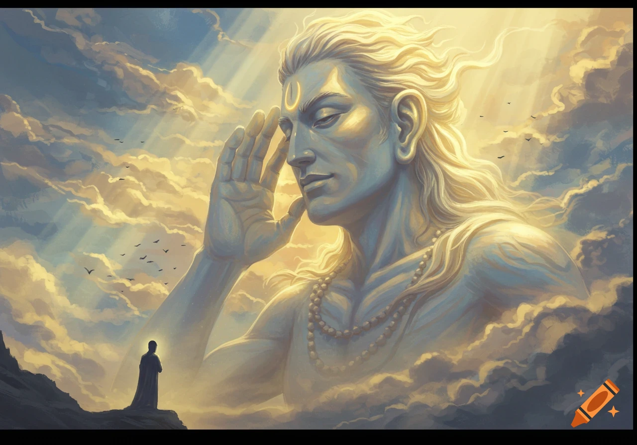 A large, ethereal deity-like figure with long blonde hair and a ...