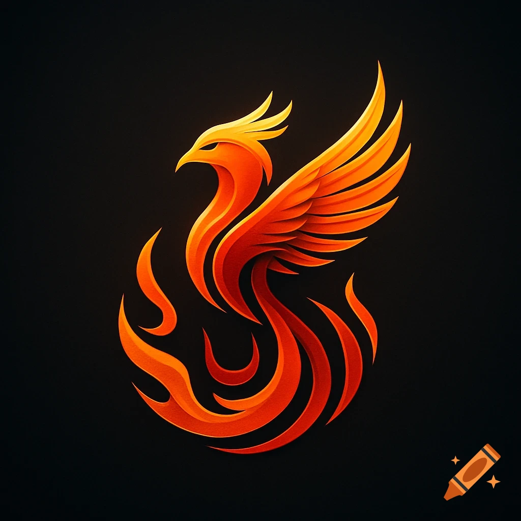 Stylized blue and gold phoenix-like logo with layered design on a dark ...