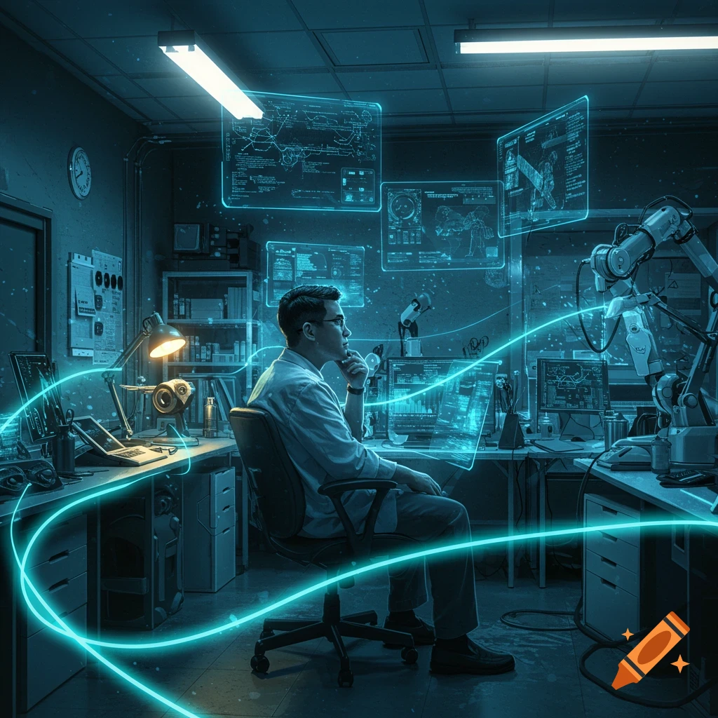 A computer scientist in a lab coat and futuristic glasses works at a ...