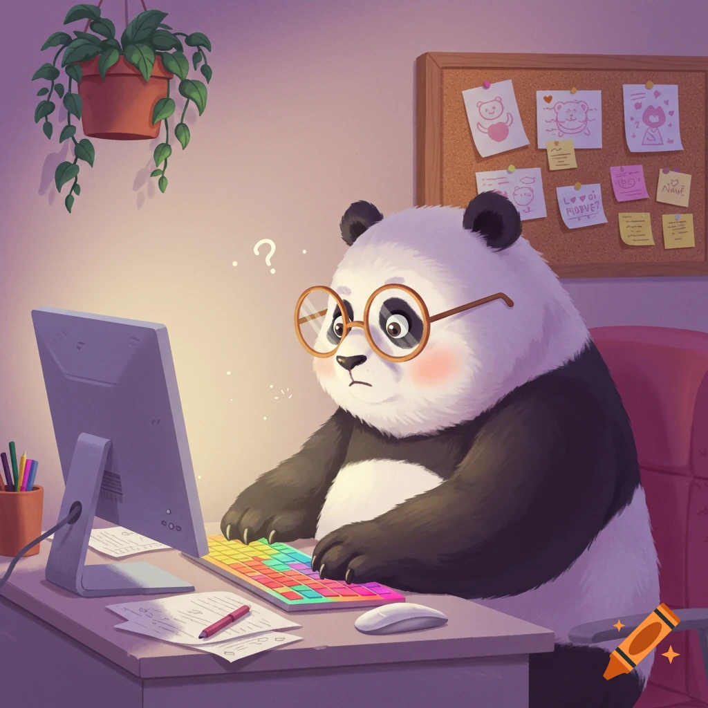 A cartoon panda with round glasses looks confused while typing on a ...