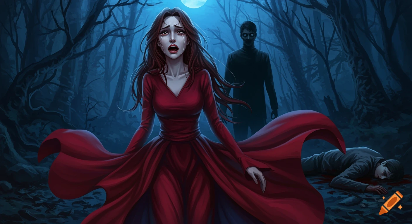 Anime style illustration of a terrified woman in a red dress screaming ...
