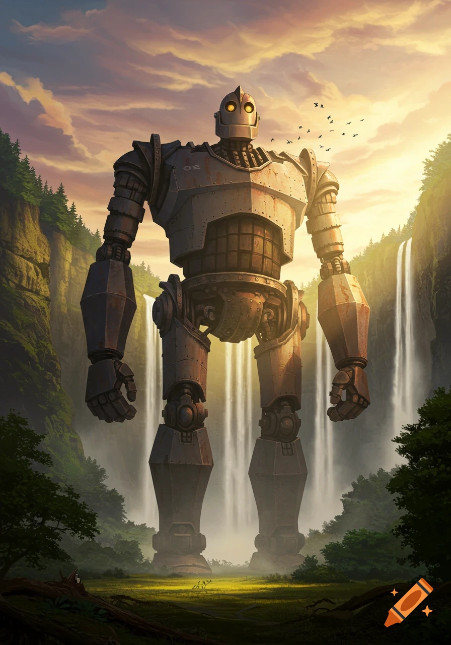 A giant metal robot with glowing yellow eyes stands amidst a lush ...