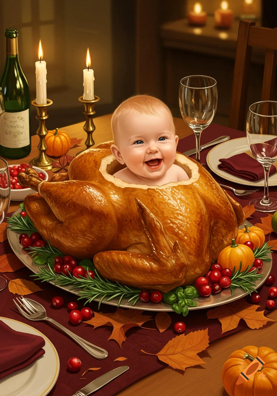 A happy baby giggles inside a roasted turkey on a festive Thanksgiving ...