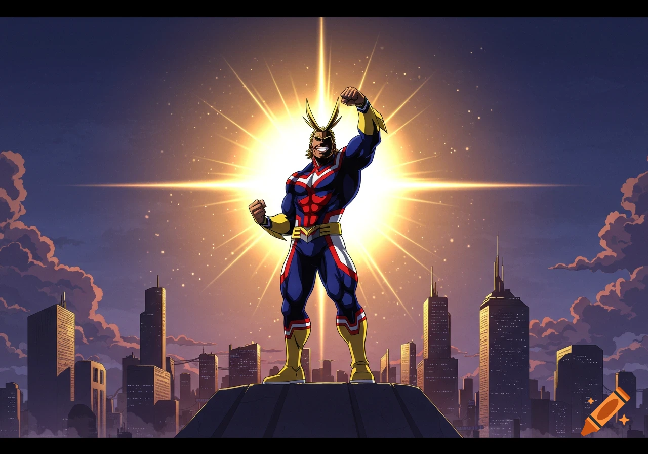 A superhero girl with a jetpack flies over a city and green landscape ...