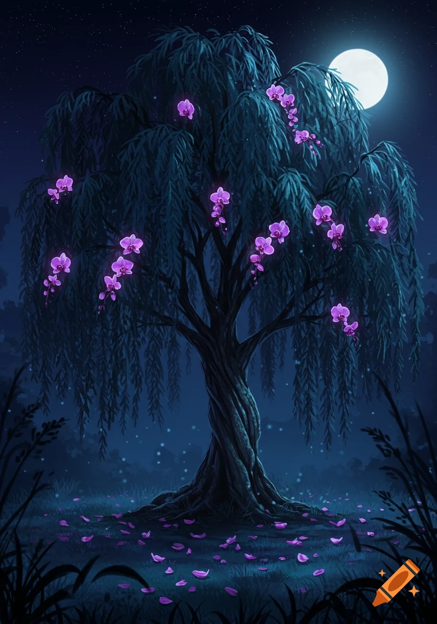 A stylized purple weeping willow tree at night with fireflies and a ...