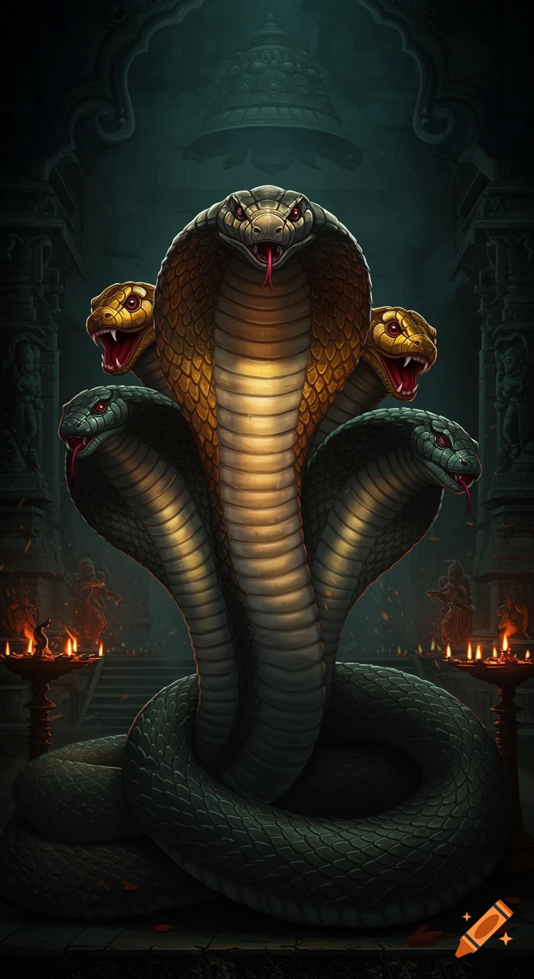 A four-headed king cobra with glowing red eyes and flicking tongues in ...