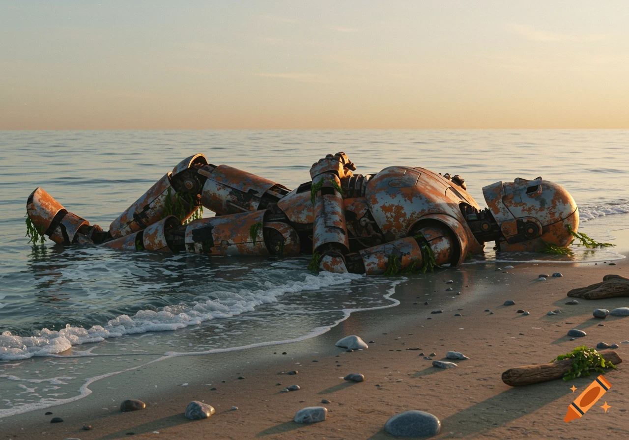 A large, rusty robot lies half-submerged in the shallow ocean water on ...