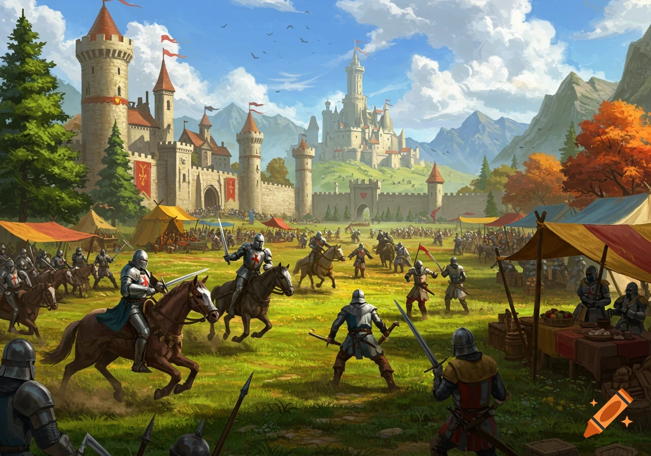 An epic medieval battle scene with knights on horseback and foot clashing on a grassy field ...