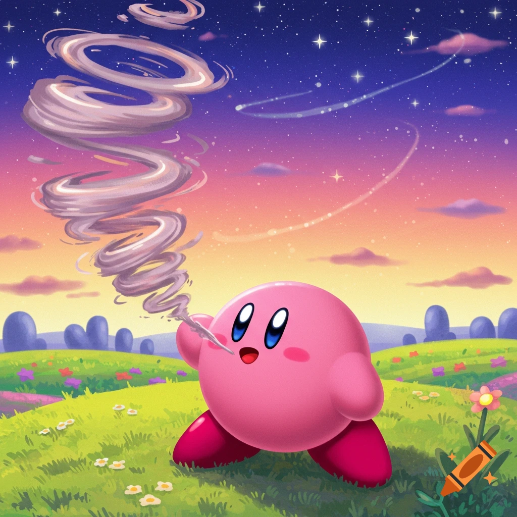 Pink Kirby exhales a swirling vortex in a vibrant, starry landscape at ...