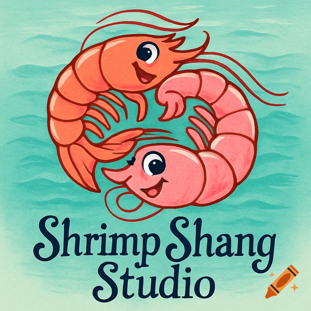 Cartoon shrimp forming a yin-yang symbol, with 'Shrimp Shang Studio' text, on a textured blue ...