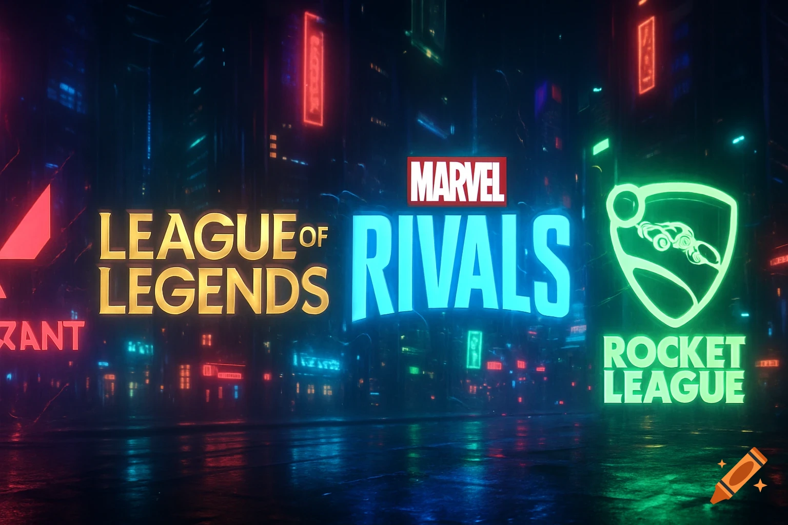 Neon illuminated cityscape at night with prominent logos for League of ...