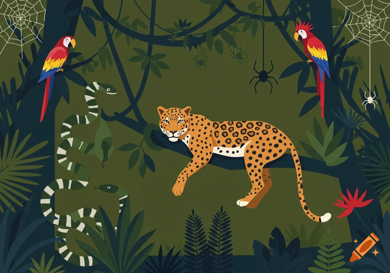 A majestic black panther with golden stripes stands in lush green ...