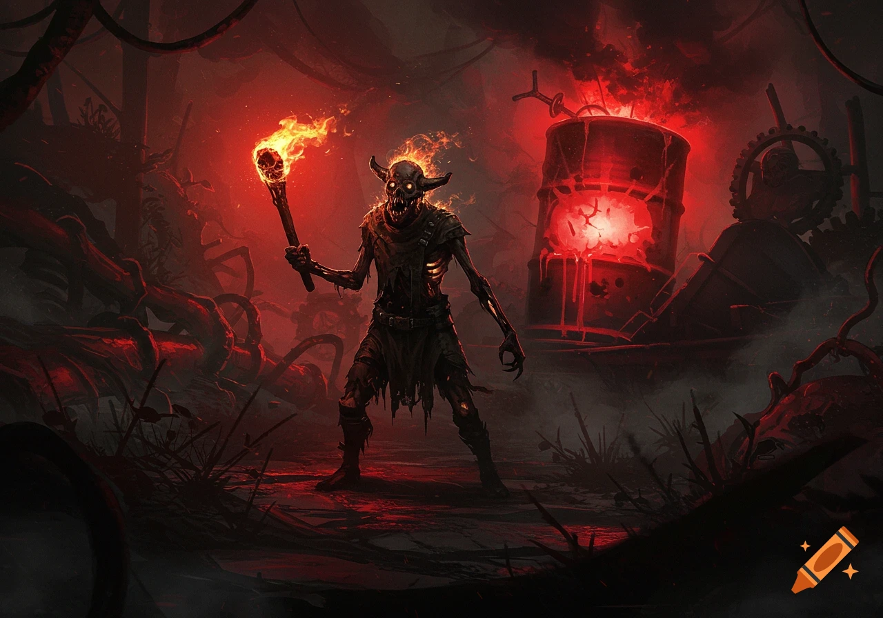 A skeletal figure with a spiky skull crown and tattered, seaweed ...