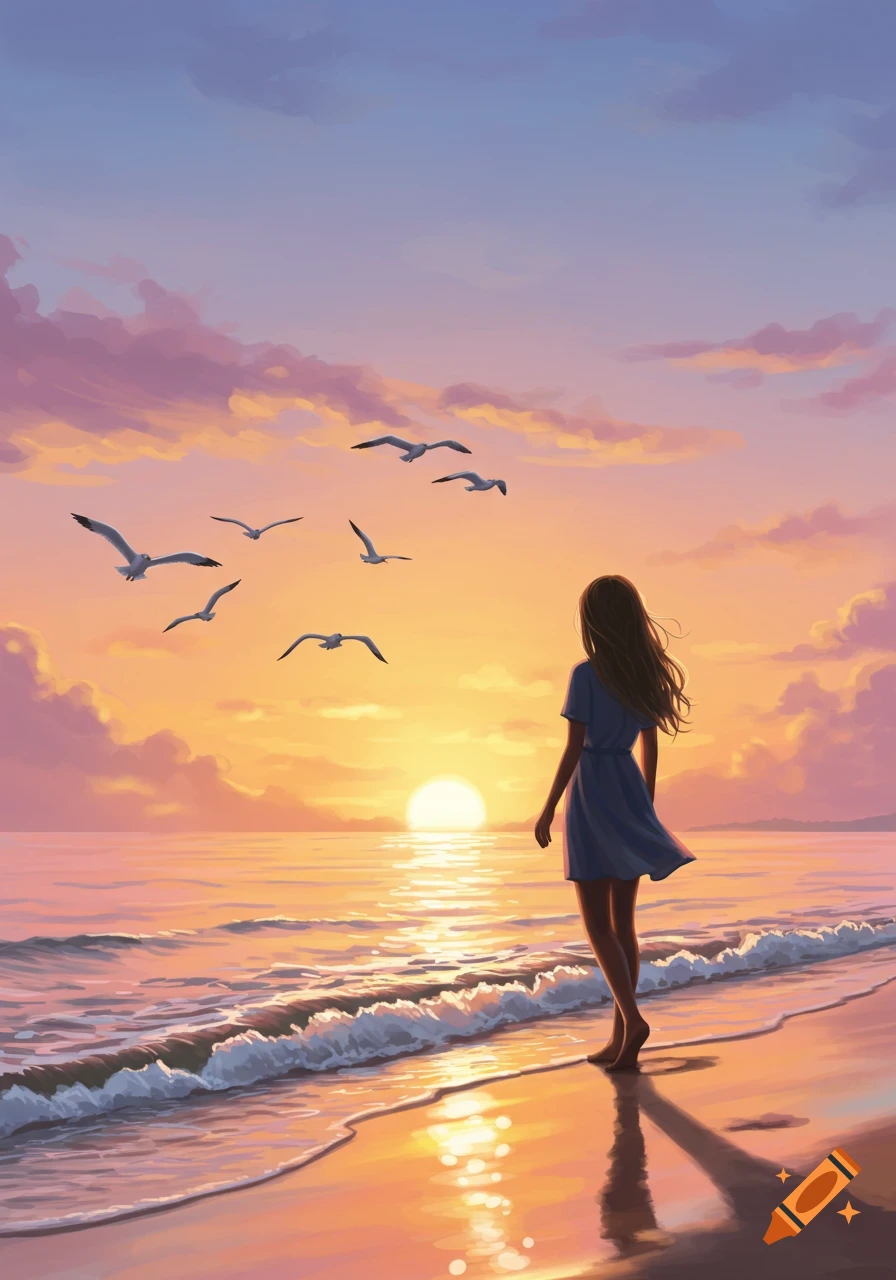 A boy stands on a beach, gazing at a vibrant sunset over the ocean ...