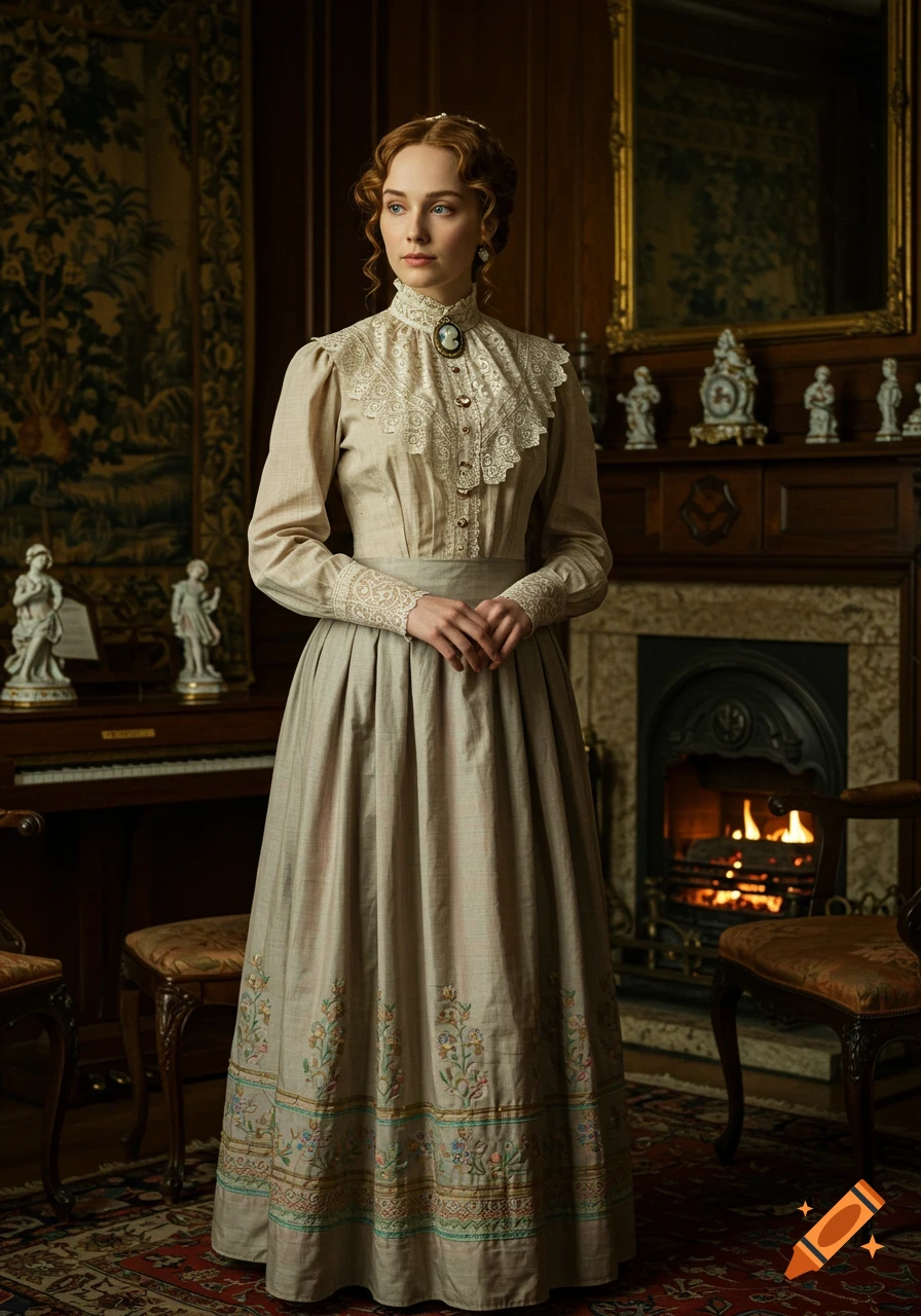 A photorealistic image of a beautiful Victorian woman in an ornate lace ...