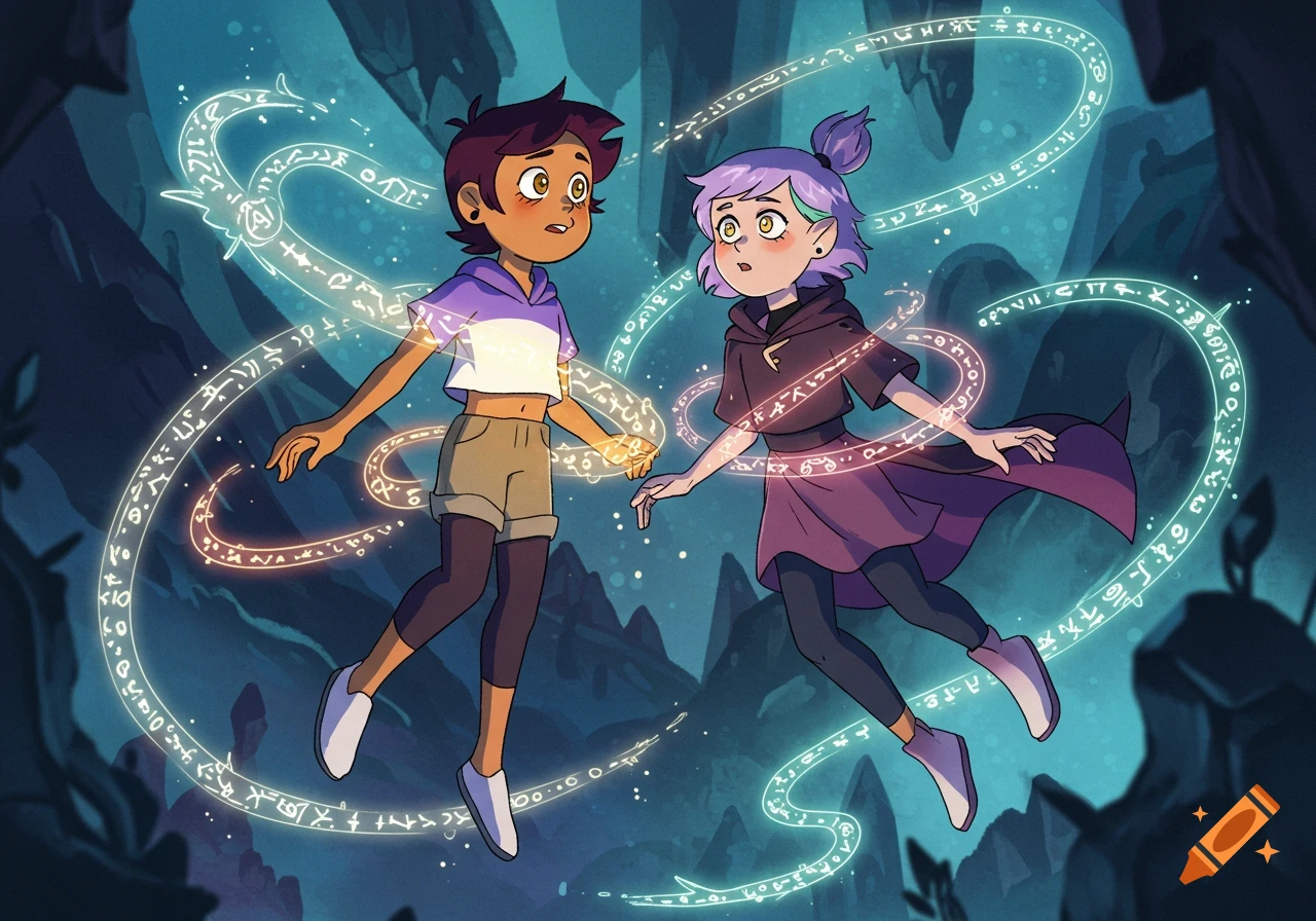 Luz Noceda and Amity Blight from The Owl House face off in a magical battle within a wrestling ...