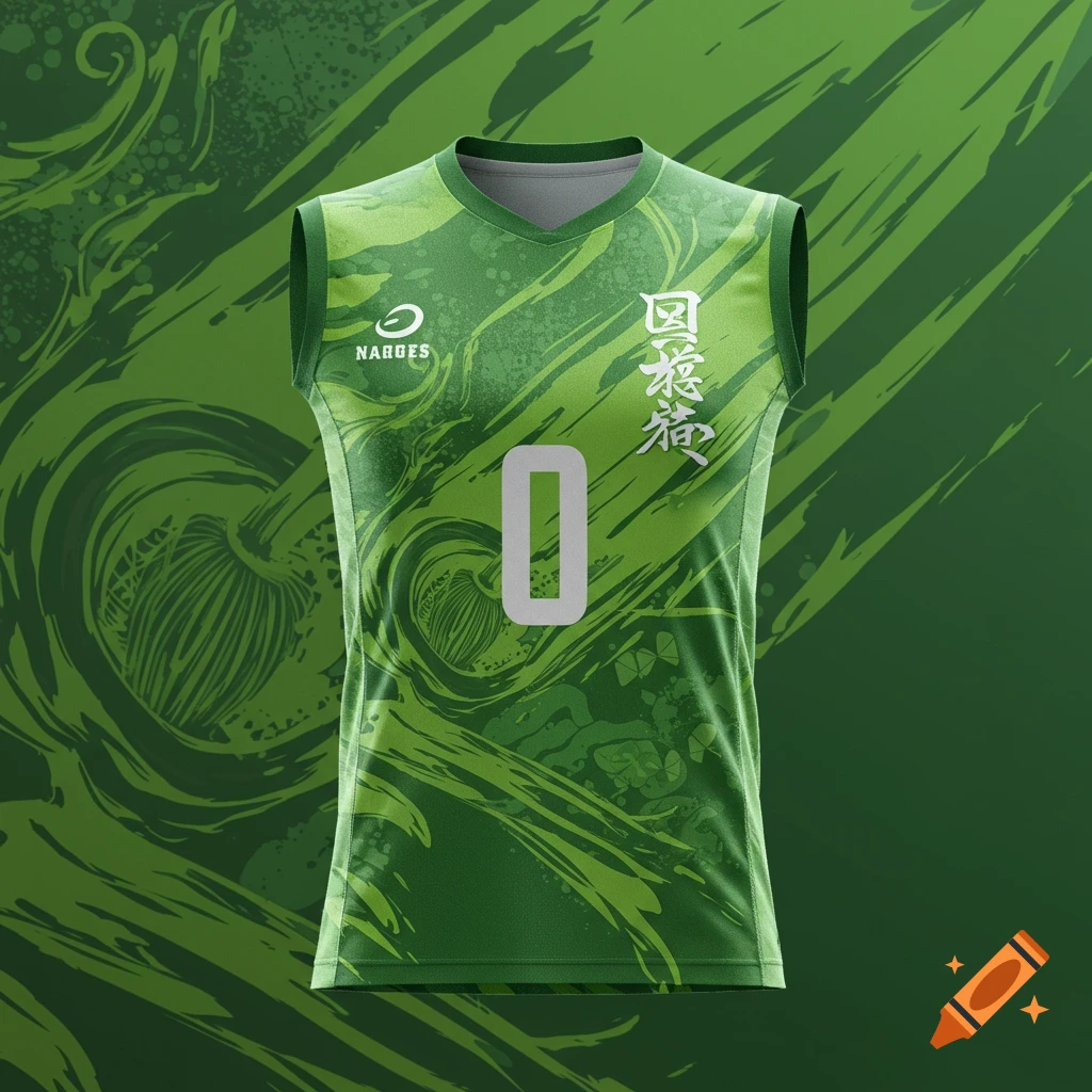 A vibrant green volleyball jersey features abstract, swirling patterns ...