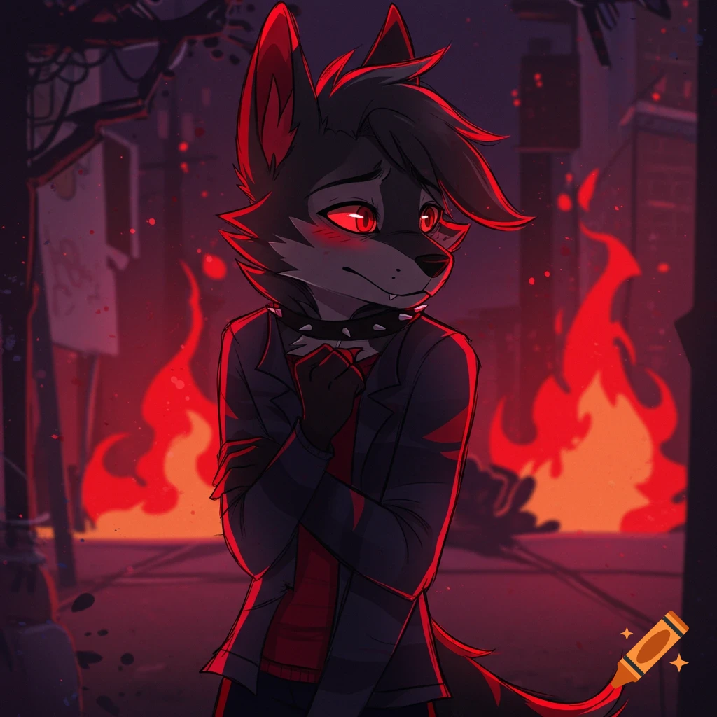 A shy-looking black furry character with red highlights, glowing red ...