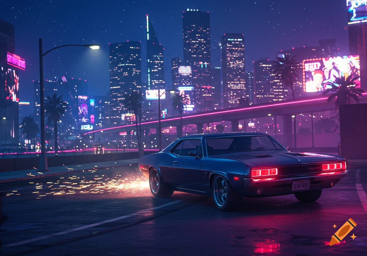 A man rides a red motorcycle on a wet city street at sunset, with ...