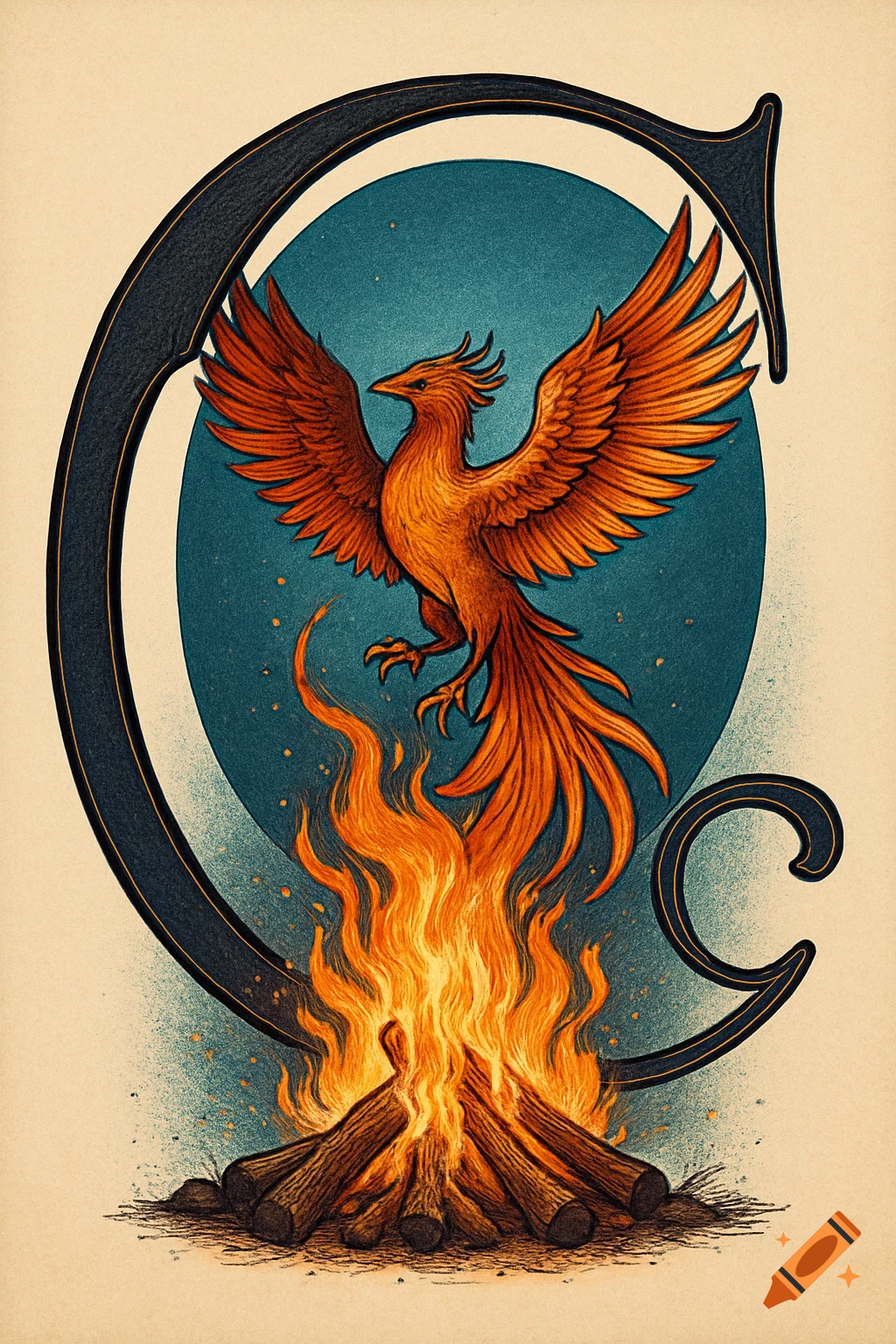 A majestic fiery phoenix with outstretched wings behind a golden throne ...