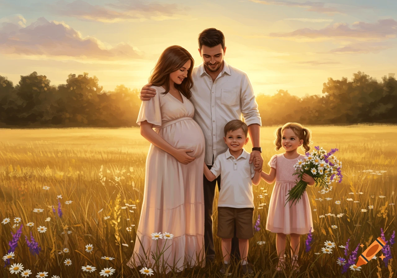 A pregnant woman, man, young boy, and small girl stand in a golden ...
