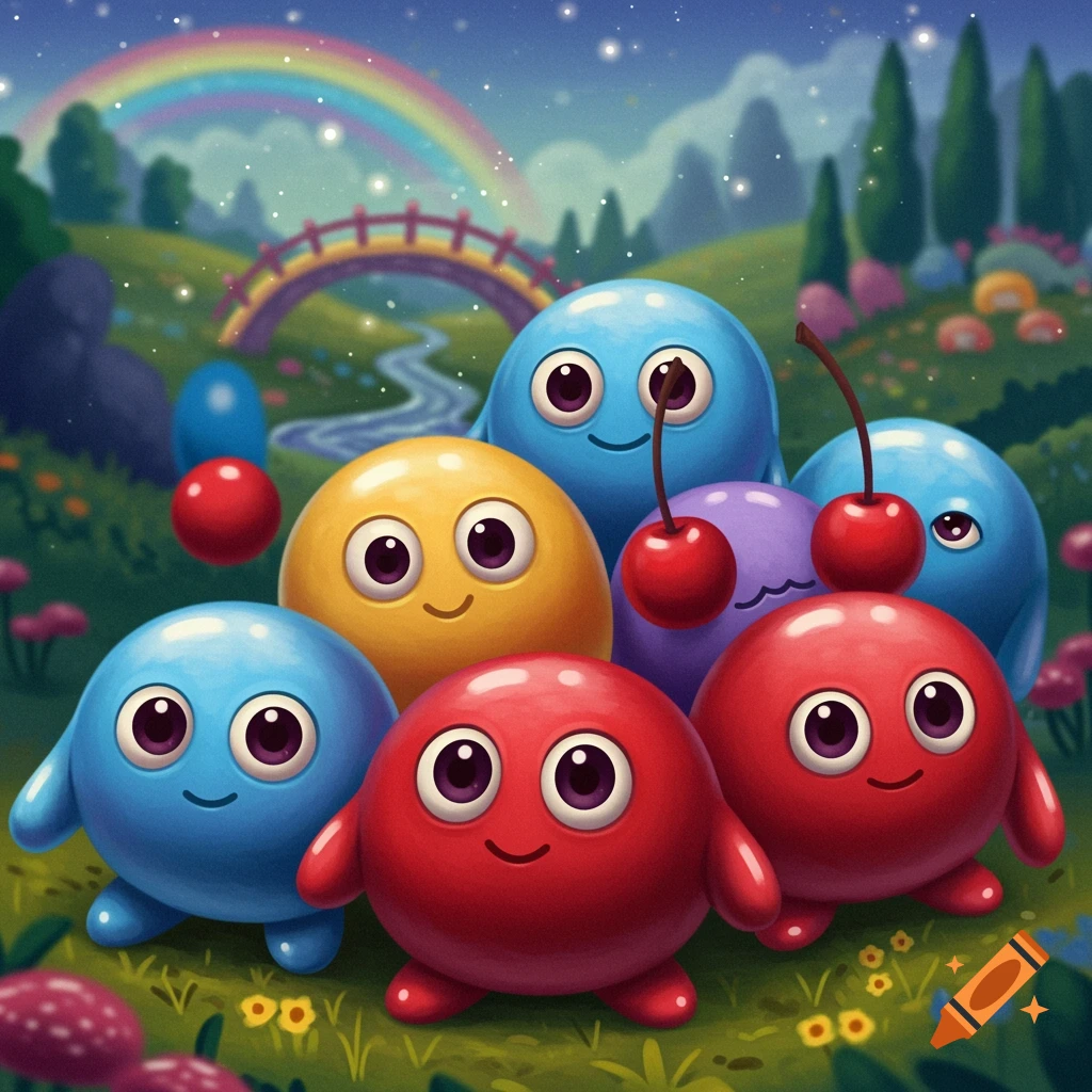 Colorful, goofy, round ball characters with big eyes in a whimsical ...