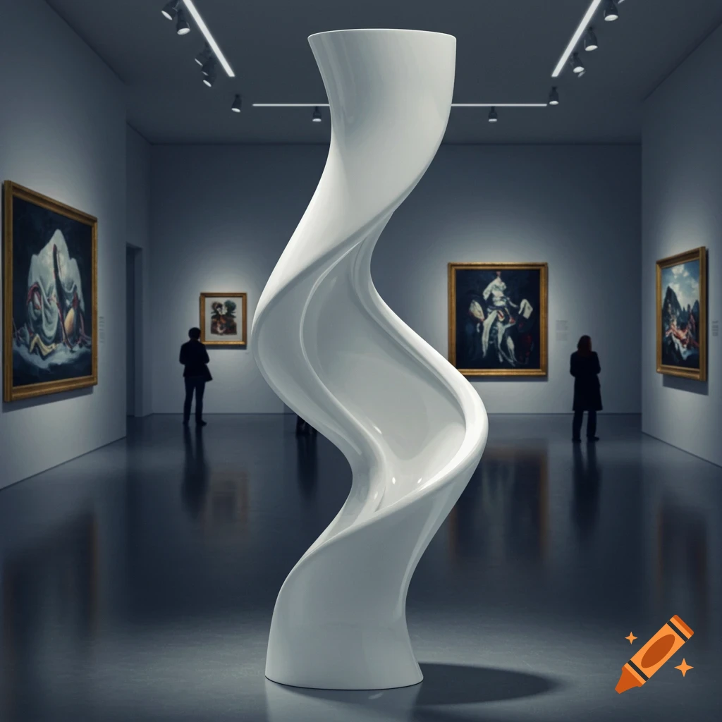 A large, photorealistic white S-shaped sculpture stands centrally in a ...