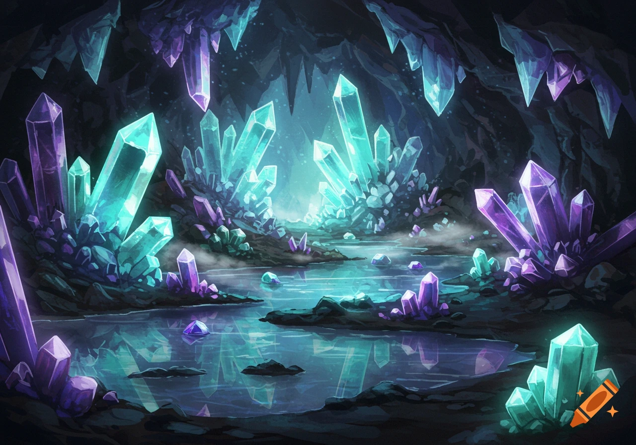 A glowing rainbow heart-shaped gem sits in the center of a dark cave ...