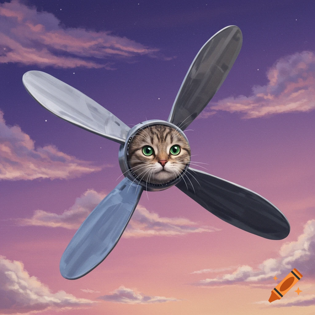 A whimsical propeller with a cat's face flies through a vibrant sunset ...