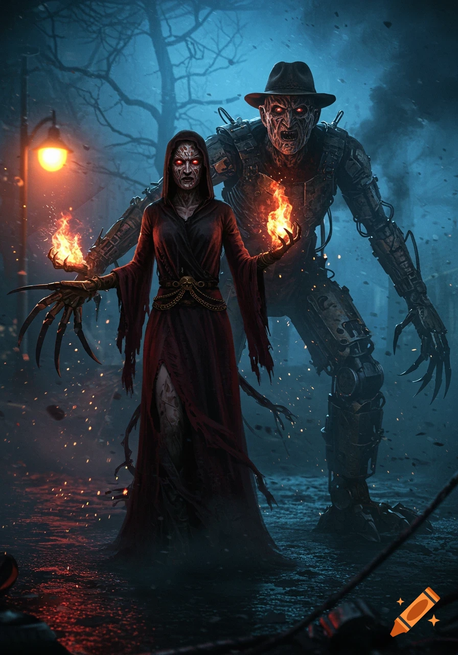 Freddy Krueger, Jason Voorhees, and another masked killer stand in a ...