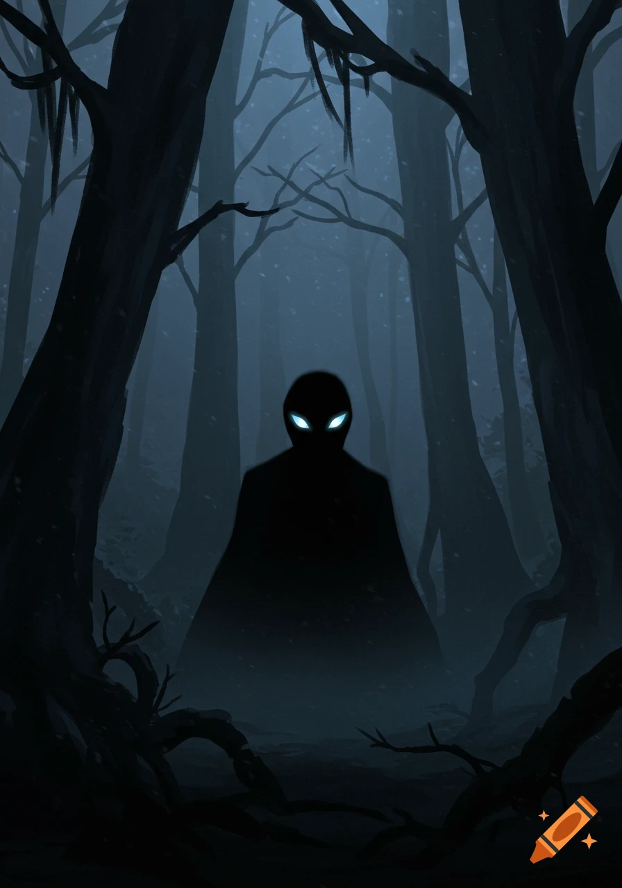 A dark, shadowy figure with bright blue eyes stands in a misty, eerie forest, in an illustrative ...