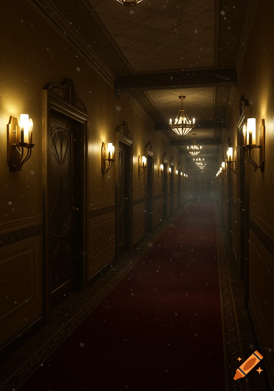 A long, dimly lit hotel corridor with a red carpet, lined with ornate ...