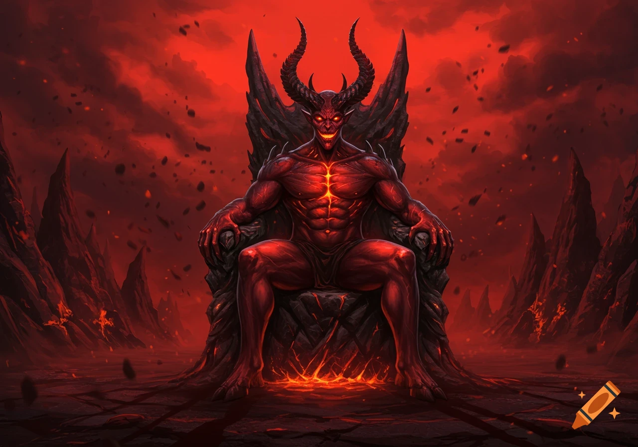 A muscular red devil with horns and glowing yellow eyes stands in a ...