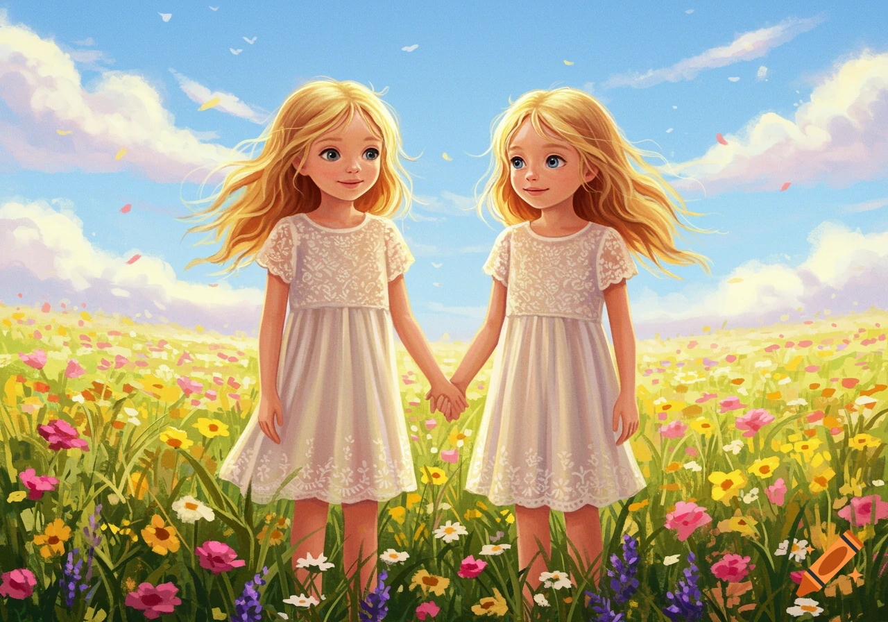Two blonde twin girls in white dresses holding hands in a vibrant field ...