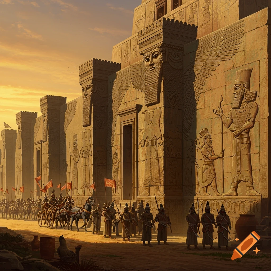 A detailed digital painting of an Assyrian city gate with large winged ...