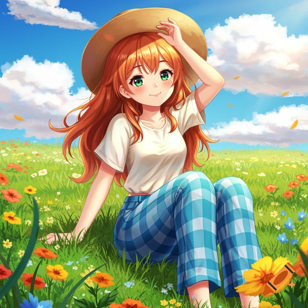 An anime girl with long ginger hair and a straw hat sits smiling in a ...