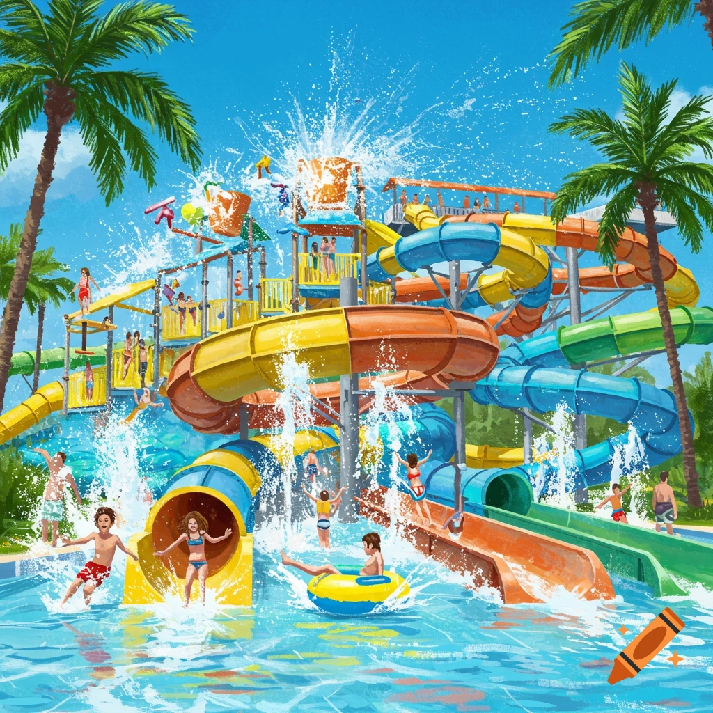 A vibrant illustration of a bustling water park with colorful slides ...