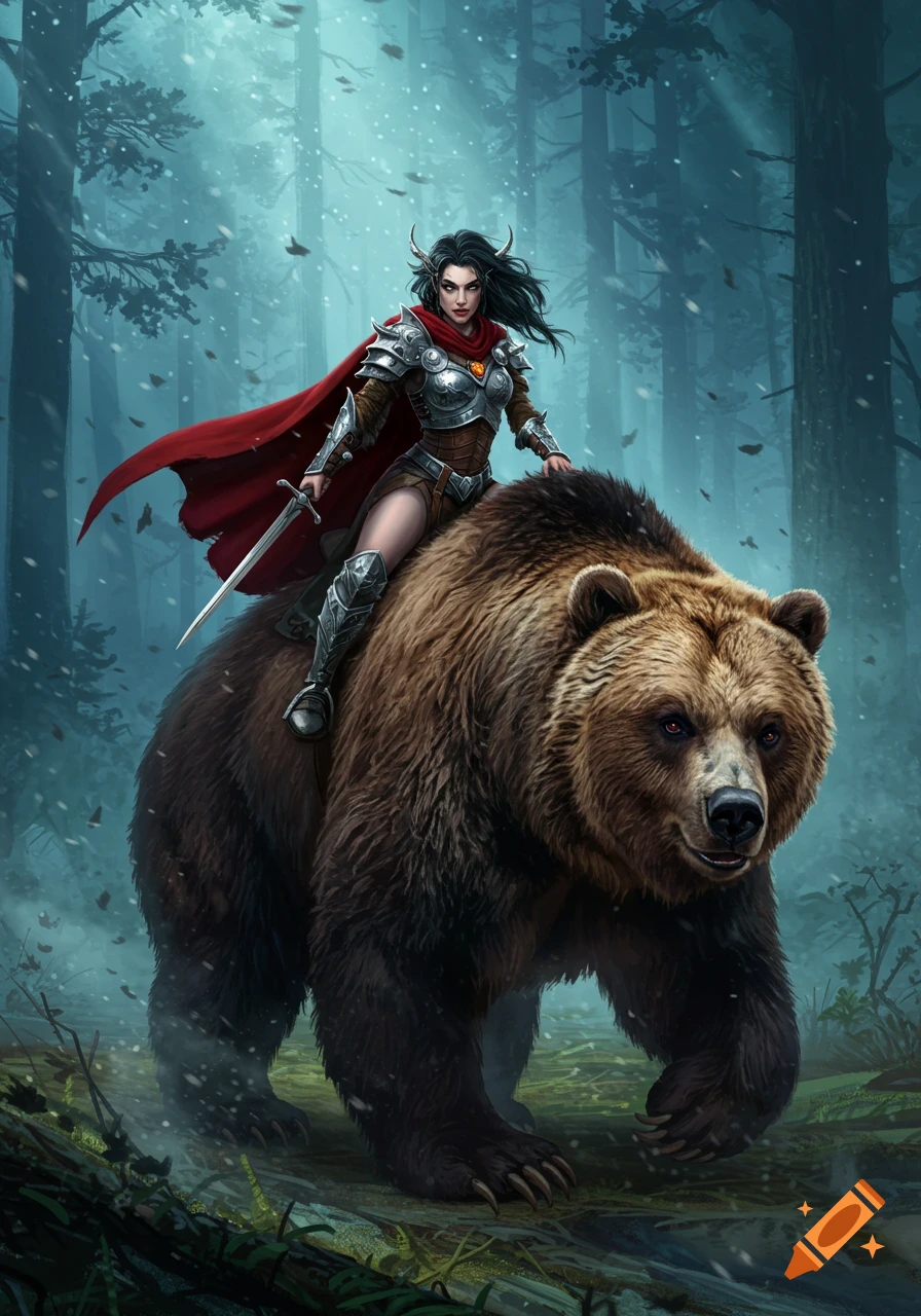 A female warrior in armor and a red cape rides a large grizzly bear ...