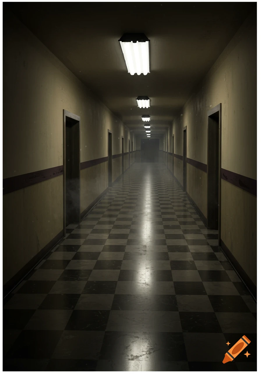 A long, dimly lit hallway with a checkered floor and fluorescent lights receding into the ...