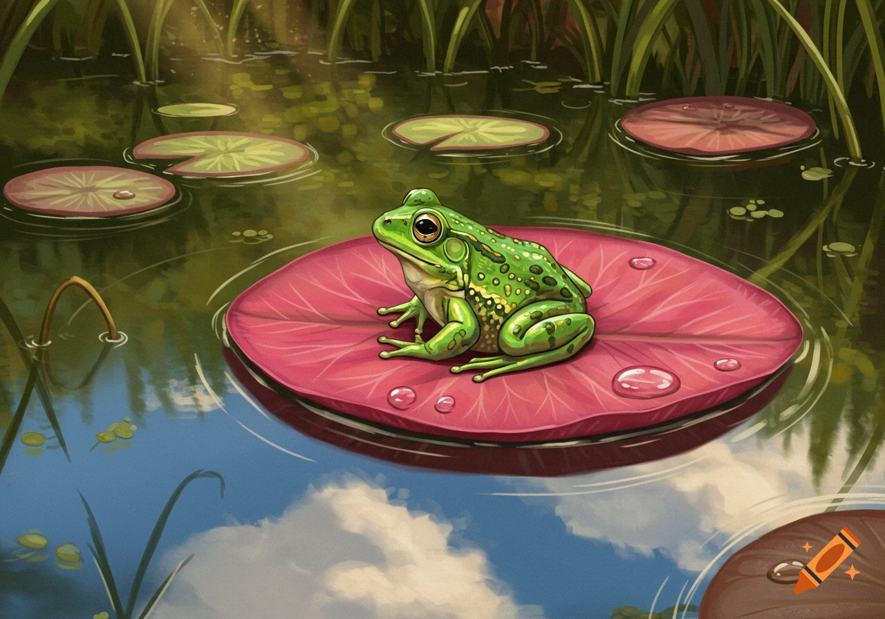 A colorful group of frogs on lily pads in a mystical pond at night. A ...