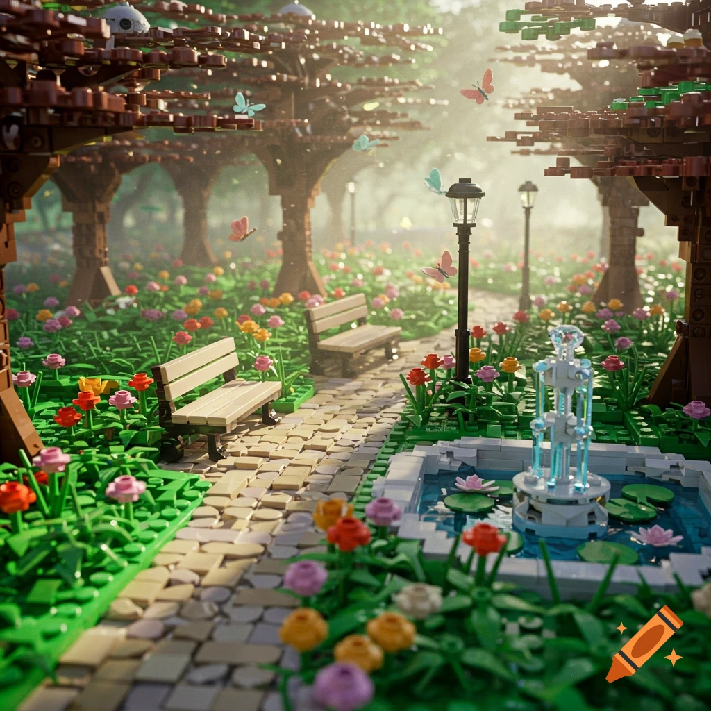 A detailed Lego park scene with trees, benches, colorful flowers ...